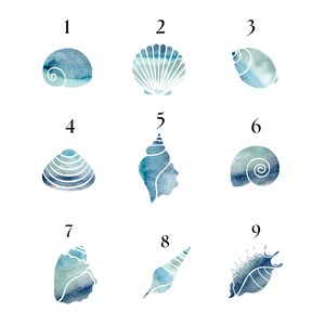 Blue Seashell Print Set of 9, Turquoise Watercolor Coastal Wall Art ...