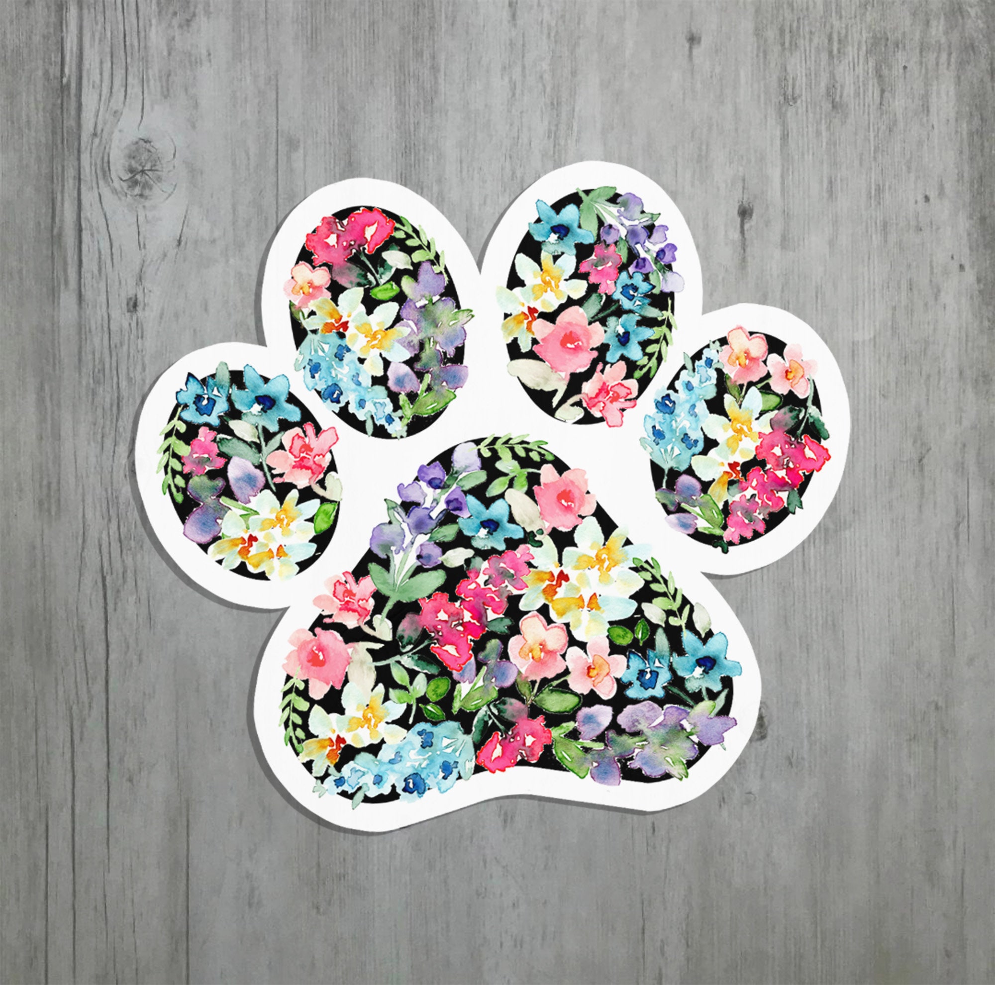 Floral Paw Print Sticker, Watercolor Flower Pet Paw Decal, Cute Cat ...