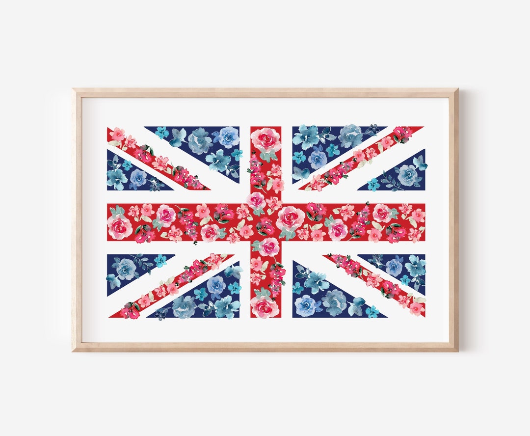 British Flag Watercolor Print, Floral Union Jack Wall Art, UK Patriotic ...