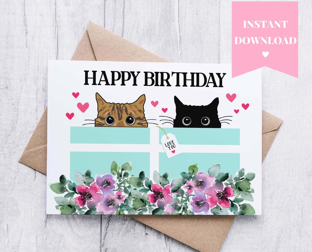 PRINTABLE Cat Lover Birthday Card, Black Kitty Tabby Cat, Pink Hearts ...