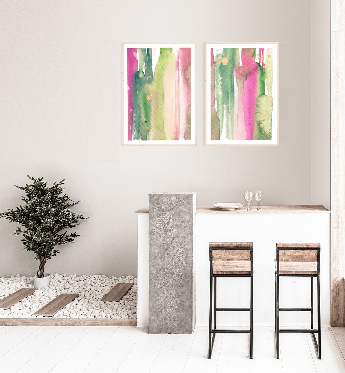 Pink Green Gold Watercolor Abstract Art Print Set of 2 Modern | Etsy
