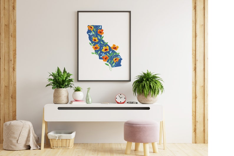 California Flowers State Art Print California Map Wall Art | Etsy