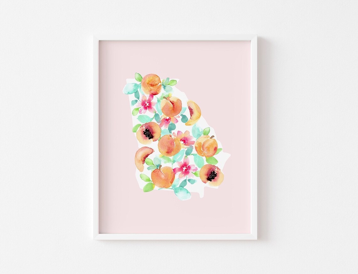 Georgia Map Art Print Peach Watercolor Floral State Wall Art - Etsy