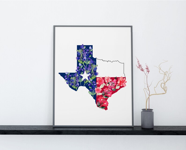 Texas Map Art Print Flower State Wall Art Watercolor Floral - Etsy