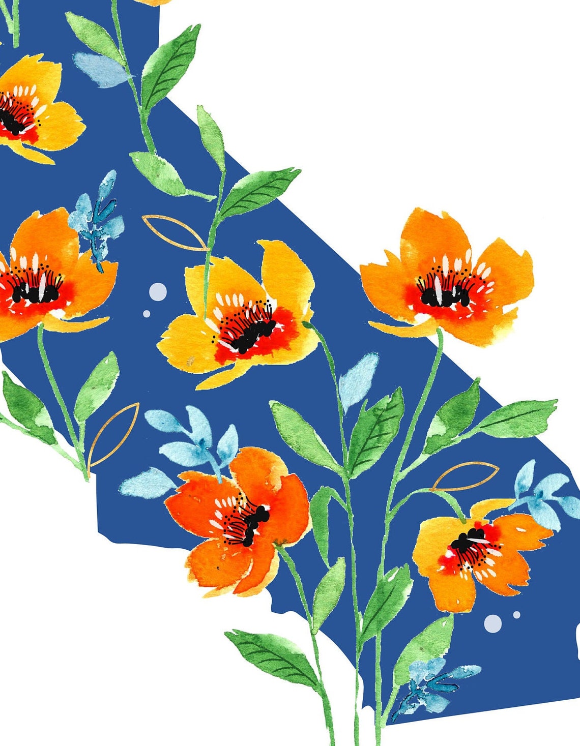 California Flowers State Art Print, California Map Wall Art, Floral ...