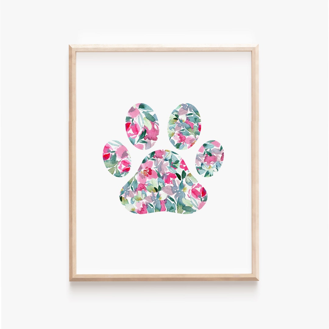 Floral Cat Paw Art Print, Pastel Pink Green Flower Pet Decor ...