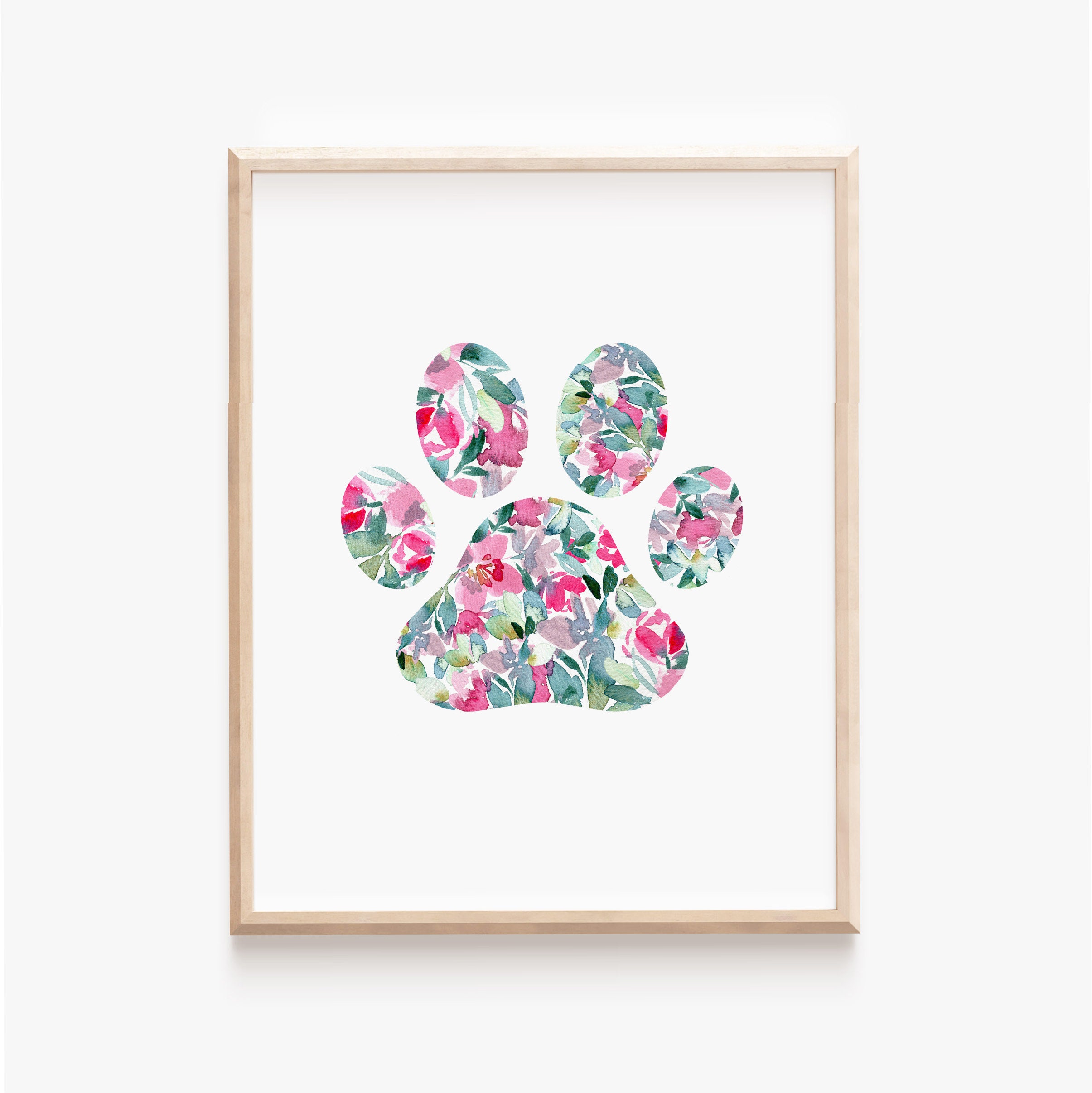 Floral Cat Paw Art Print, Pastel Pink Green Flower Pet Decor ...