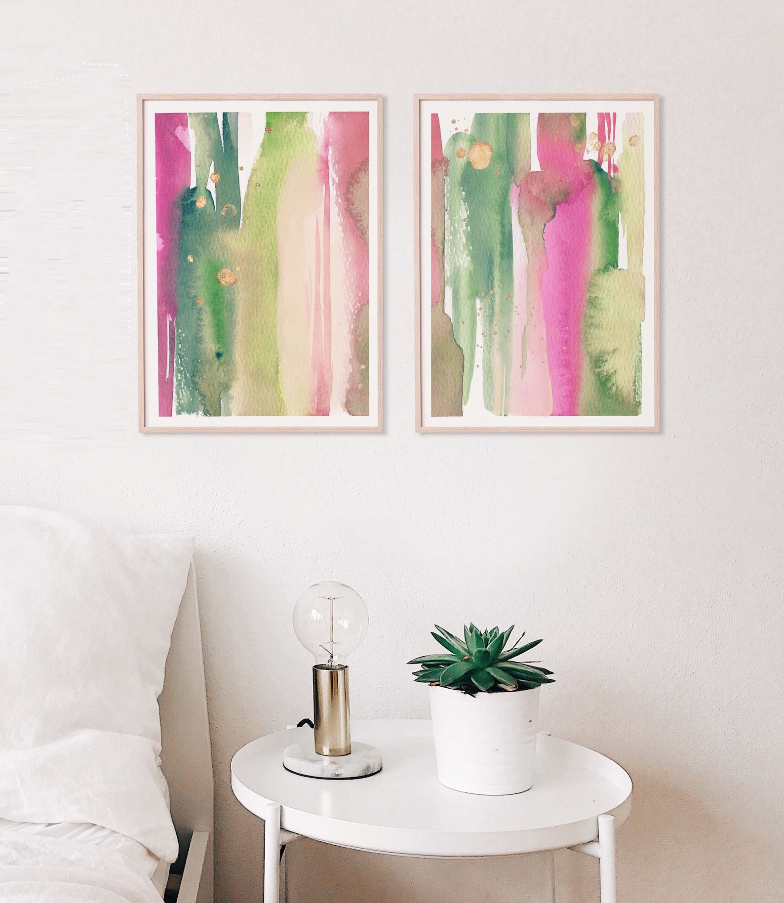 Pink Green Gold Watercolor Abstract Art Print Set of 2 Modern | Etsy