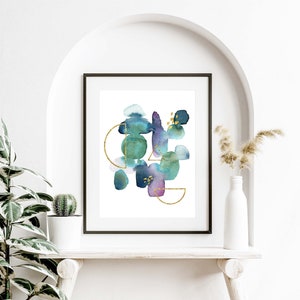 Jewel Tone Watercolor Abstract Art Print, Modern Vibrant Wall Art, Gold ...