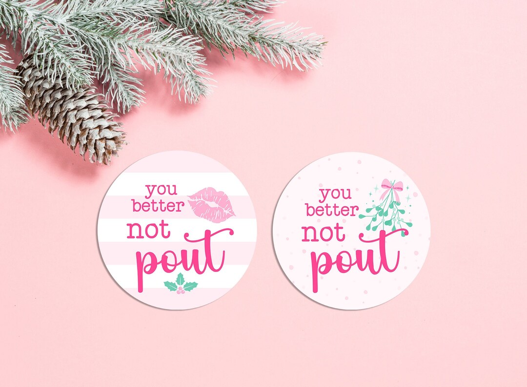 You Better Not Pout Stickers Round, Striped Candy Pink Christmas Labels ...