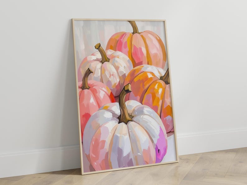 Pumpkins Wall Art PRINTABLE, Pink Fall Kitchen Decor, Colorful Modern ...