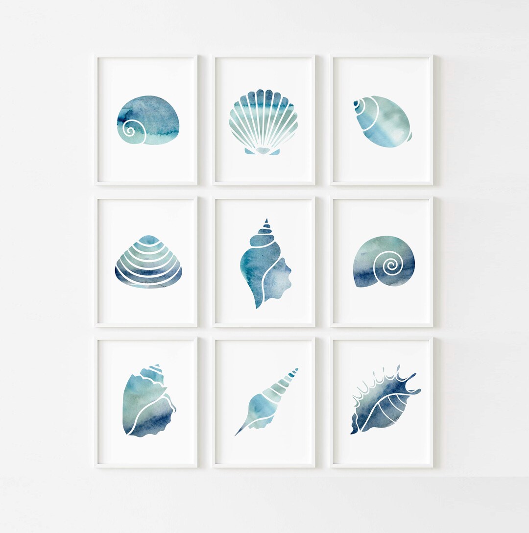 Blue Seashell Print Set of 9, Turquoise Watercolor Coastal Wall Art ...