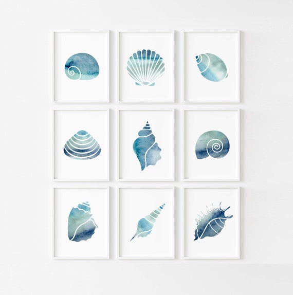 Blue Seashell Print Set of 9 Turquoise Watercolor Coastal - Etsy