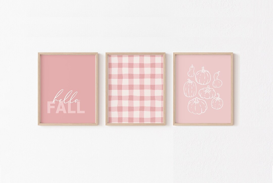 Pink Fall Wall Art PRINTABLE, Blush Pumpkin Print Set, Boho Gingham ...