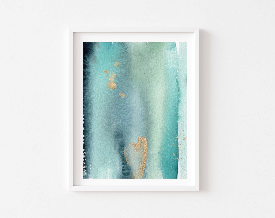 Turquoise Gold Watercolor Abstract Art Print Set of 2 Modern - Etsy