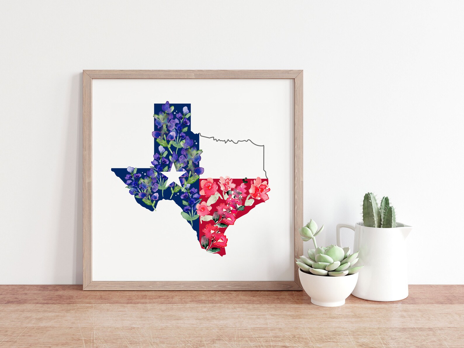 Texas Map Art Print Flower State Wall Art Watercolor Floral - Etsy