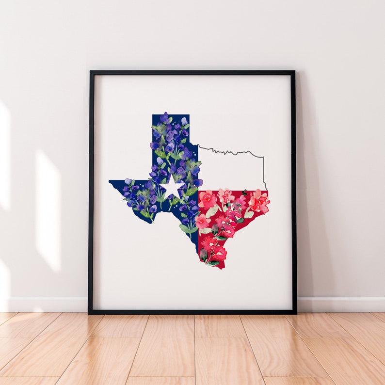 Texas Map Art Print Flower State Wall Art Watercolor Floral - Etsy