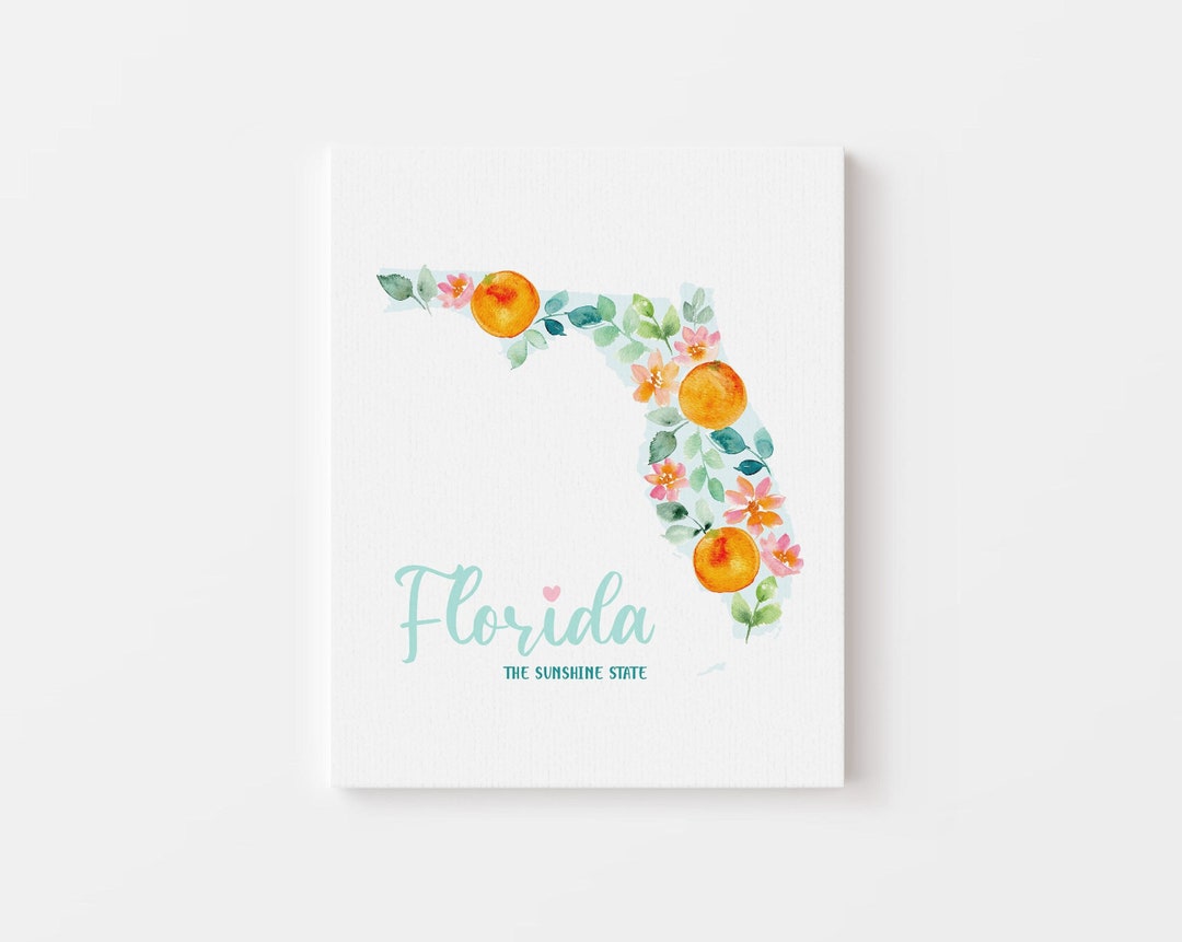 Watercolor Florida Map CANVAS Wall Art, Floral State Map Canvas Print ...