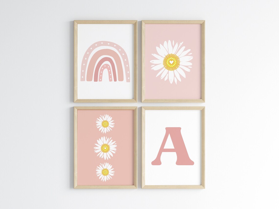 Pink Daisy Nursery Set of 4 PRINTABLE Boho Rainbow - Etsy