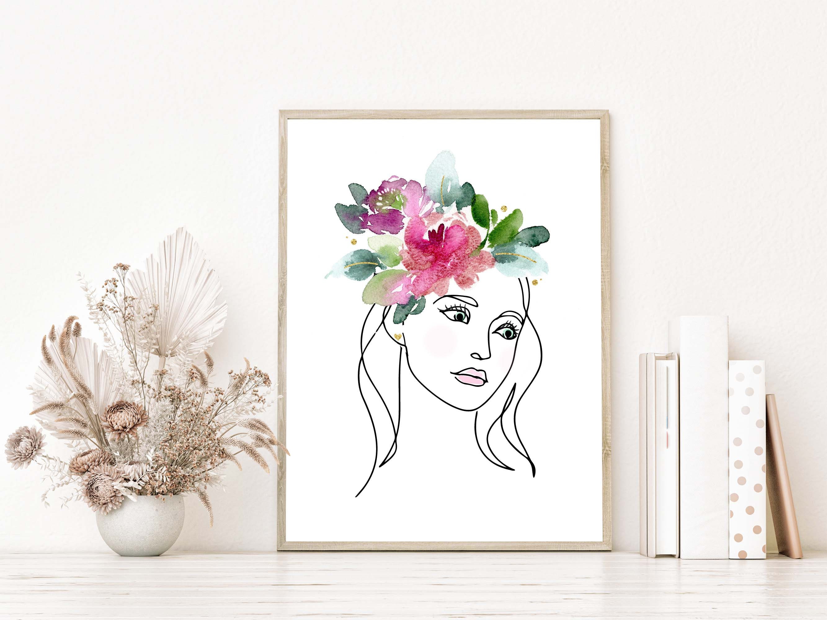 Modern Boho Girl Line Drawing With Flower Crown Minimalist | Etsy