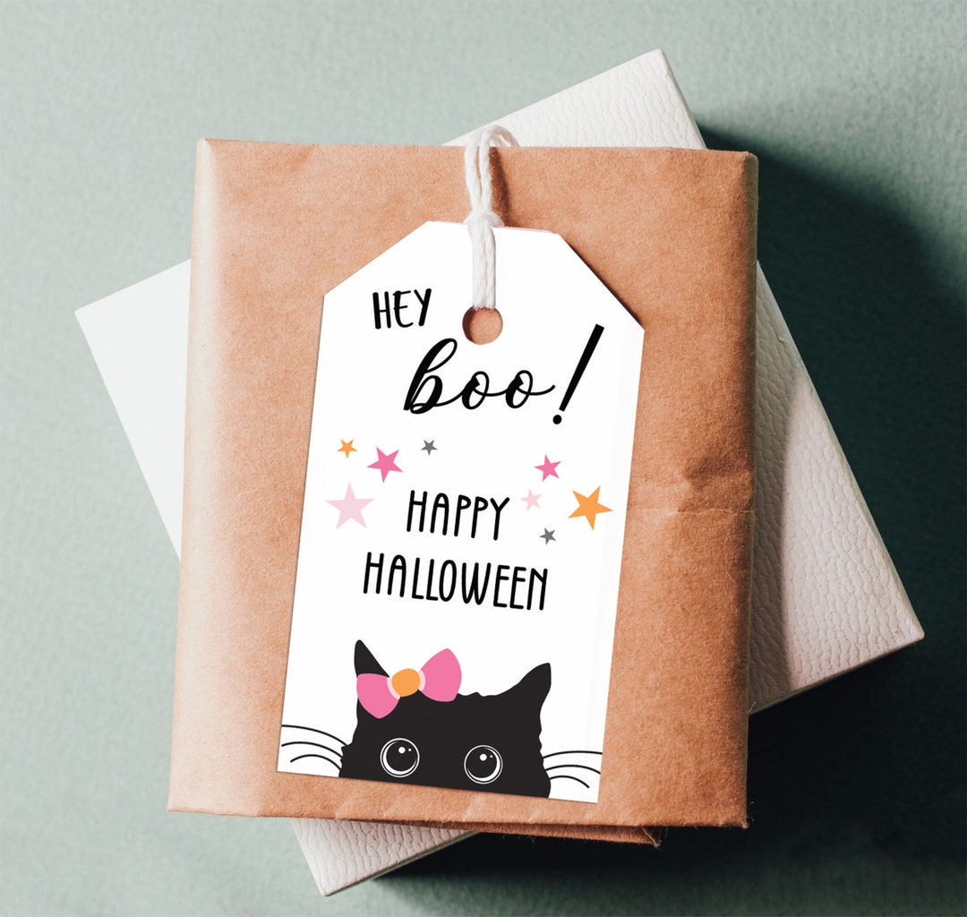 Black Cat Halloween Gift Tag PRINTABLE, Digital Hey Boo Party Favors ...