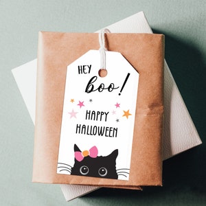 Black Cat Halloween Gift Tag PRINTABLE, Digital Hey Boo Party Favors ...