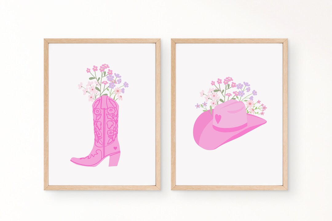Pink Cowgirl Print Set, Modern Wildflower Western Decor, Matching Girly ...