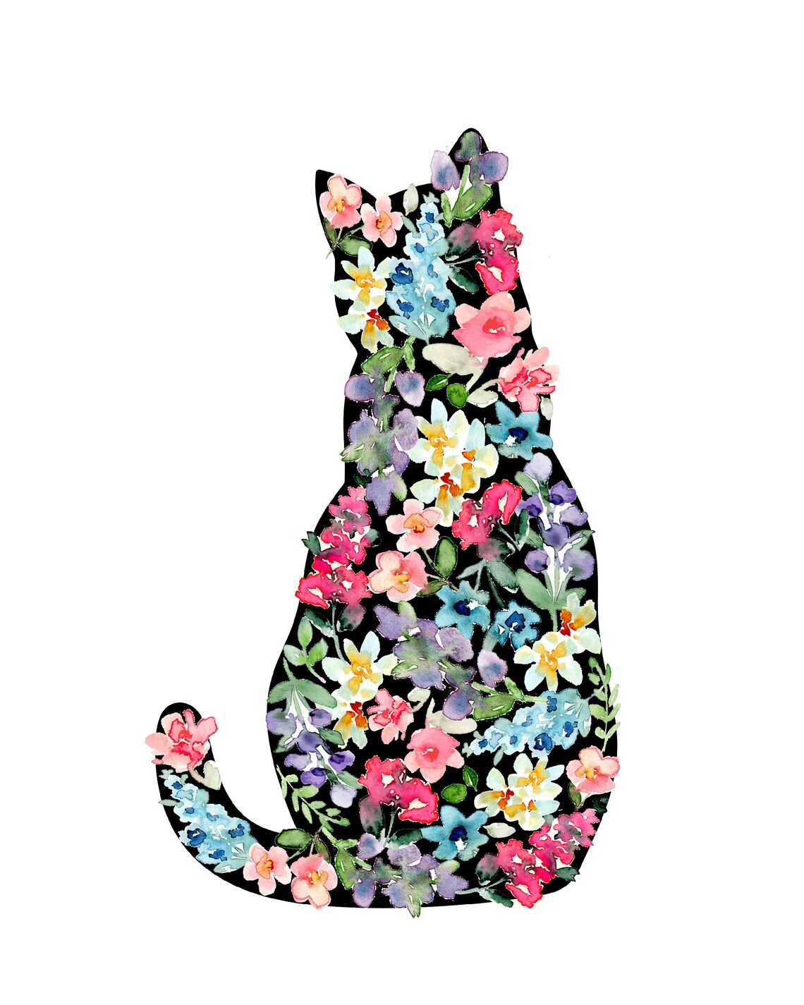 Colorful Floral Cat Art Print Wildflower Pattern Pet Wall - Etsy