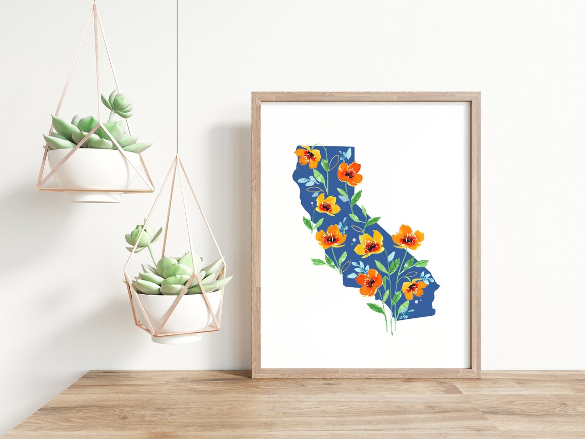 California Flowers State Art Print California Map Wall Art | Etsy