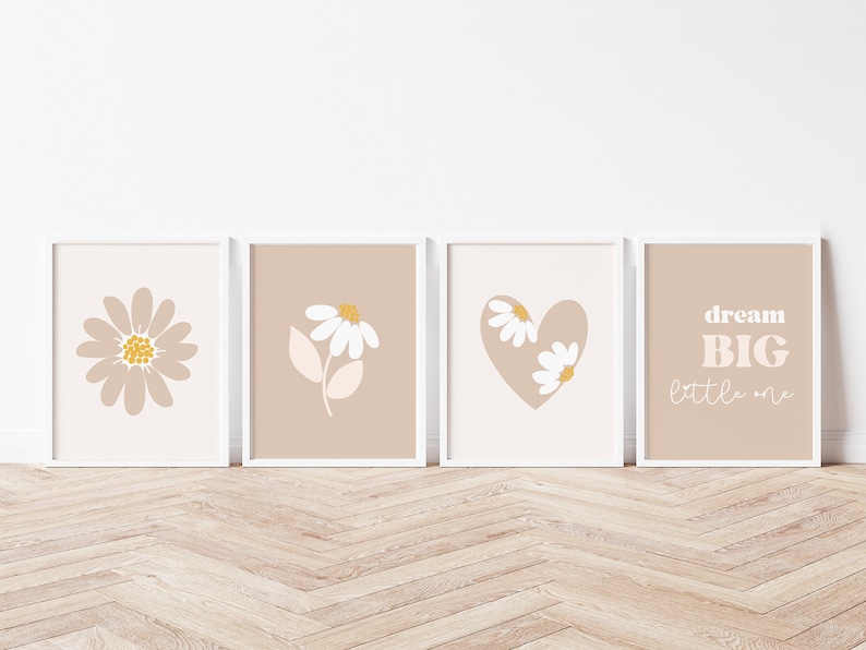 Neutral Daisy Nursery Wall Art, Dream Big Little One Modern Daisy Decor ...