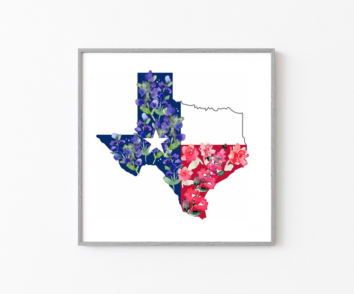 Texas Map Art Print Flower State Wall Art Watercolor Floral - Etsy