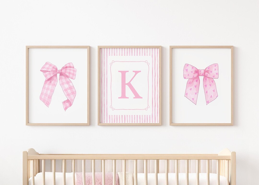 Pink Bow Nursery Wall Art, Personalized Initial Decor, Pink Hearts ...