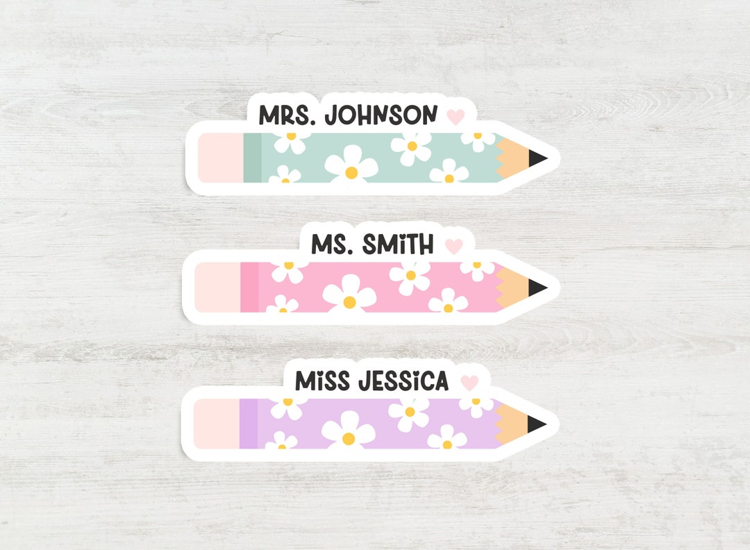 Teacher Name Sticker, Pastel Retro Daisy, Colorful Custom Vinyl Decal ...