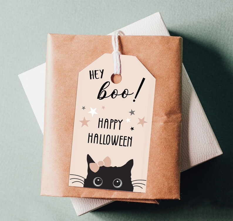 Boho Halloween Gift Tag PRINTABLE, Digital Hey Boo Black Cat Party ...