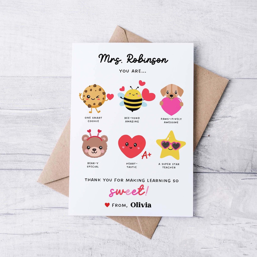 Personalized Valentine's Card for Teacher, Cute Thank You Teacher Gift ...