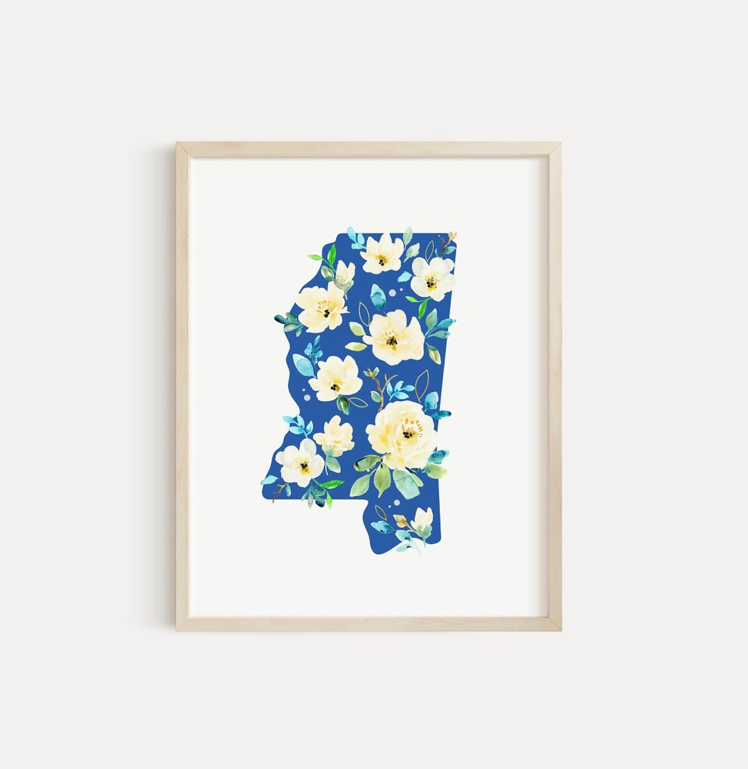 Mississippi Map Art Print, Magnolia State Wall Art, Floral Watercolor ...