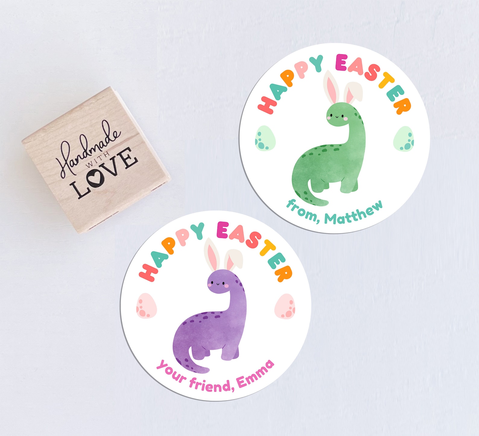 Personalized Dino Easter Stickers, Bunny Ears Labels for Treat Bags ...