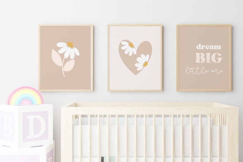 Neutral Daisy Nursery Wall Art, Dream Big Little One Modern Daisy Decor ...