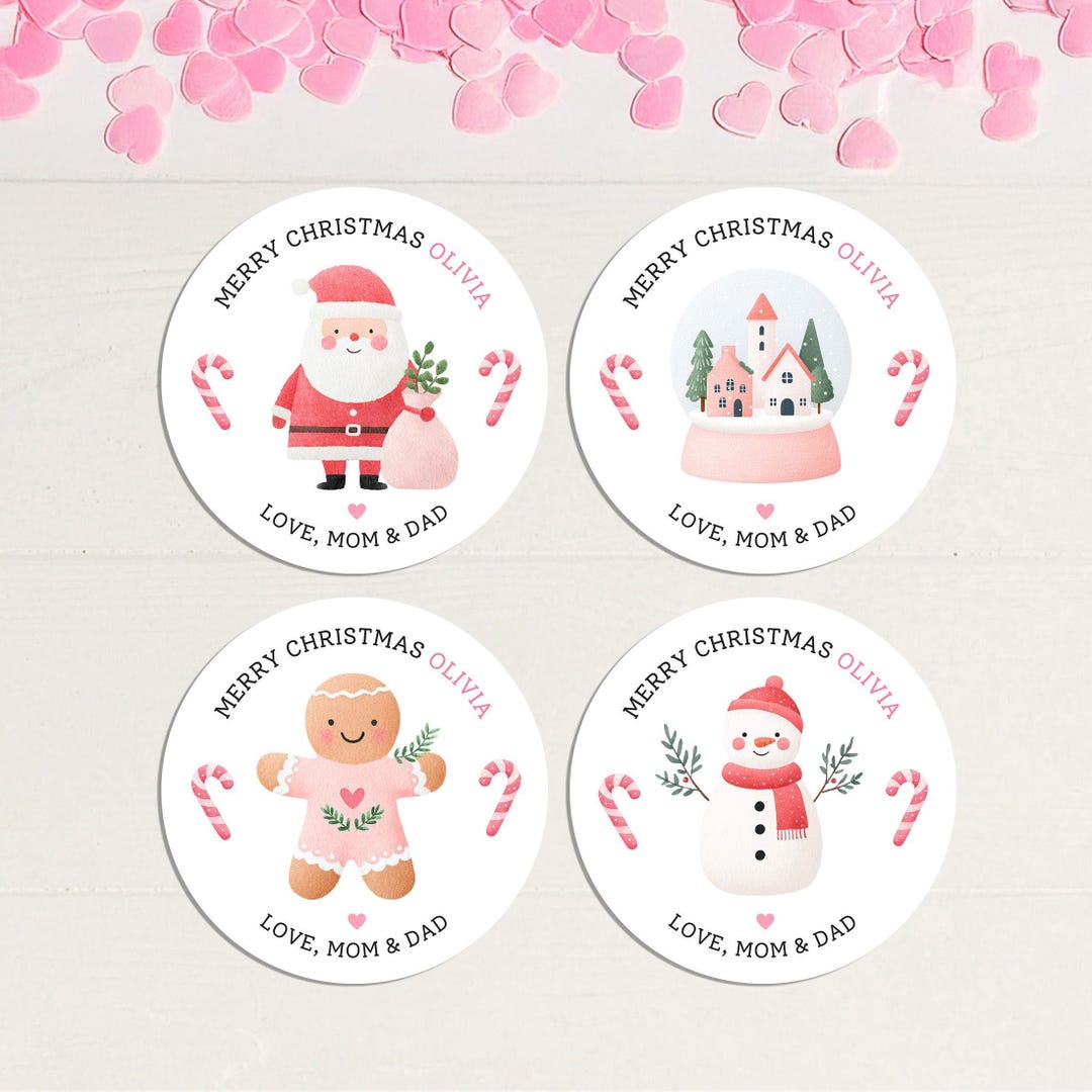 Pink Christmas Stickers, Personalized Holiday Labels With Santa, Snow ...