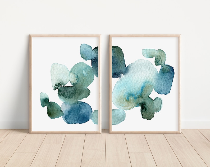Blue Green Abstract Art Print Set Watercolor Seaglass Coastal - Etsy