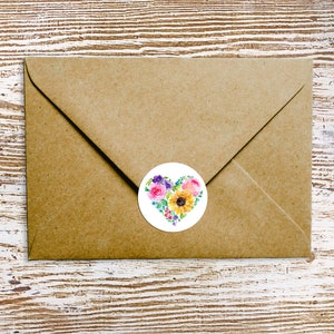 Flower Heart Envelope Seals, Colorful Floral Watercolor Stickers ...
