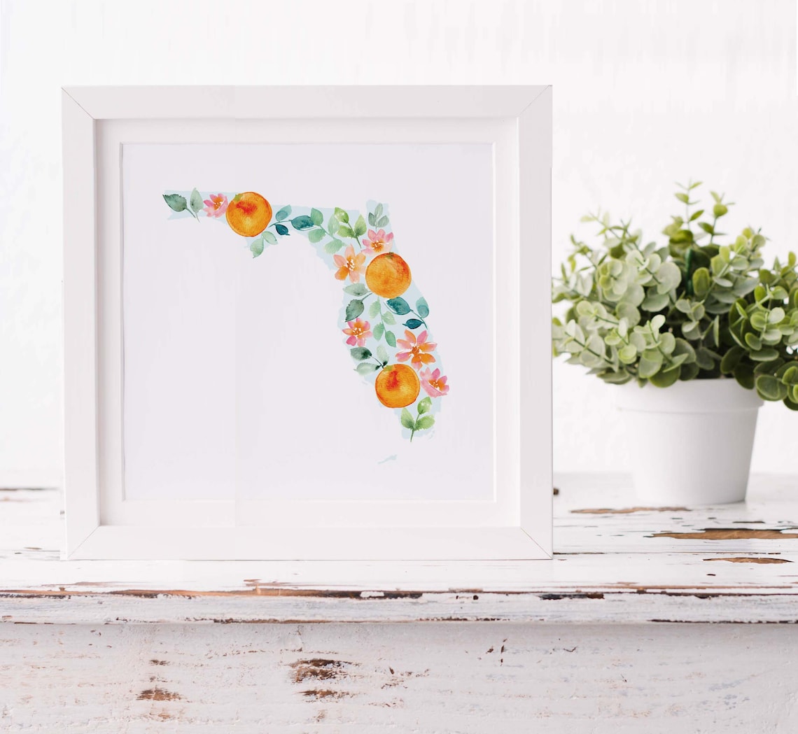 Florida Watercolor Art Print Florida State Wall Art Floral - Etsy