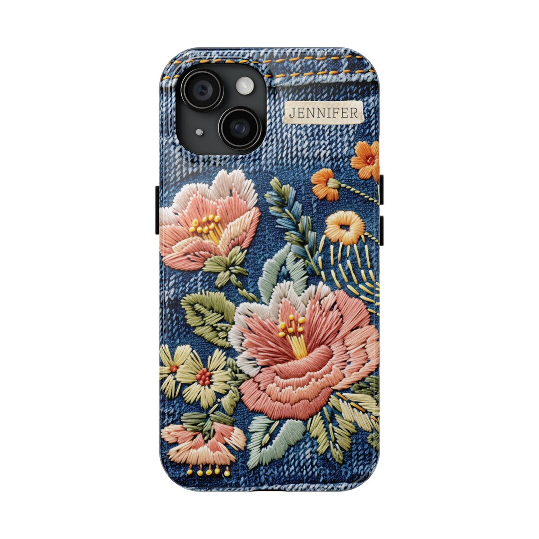 Personalized Denim Phone Case, Faux Embroidered Floral Pattern Phone ...