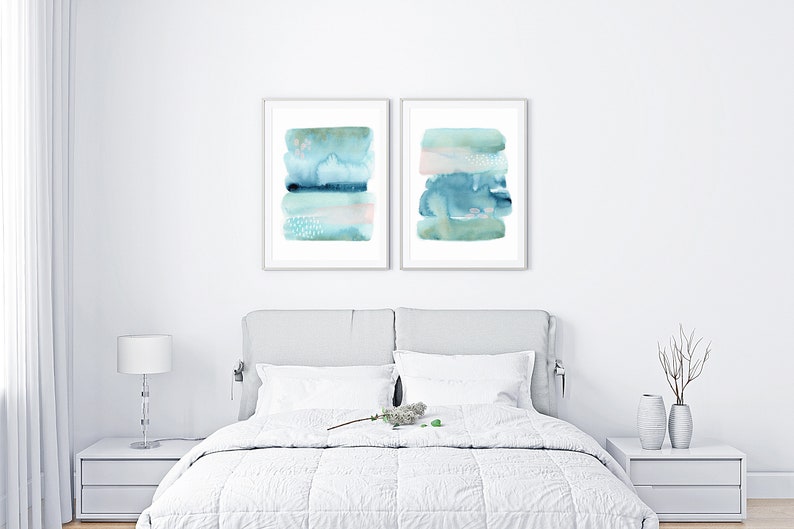 Blue Abstract Art Print Set, Minimalist Modern Landscape Wall Art, Navy ...