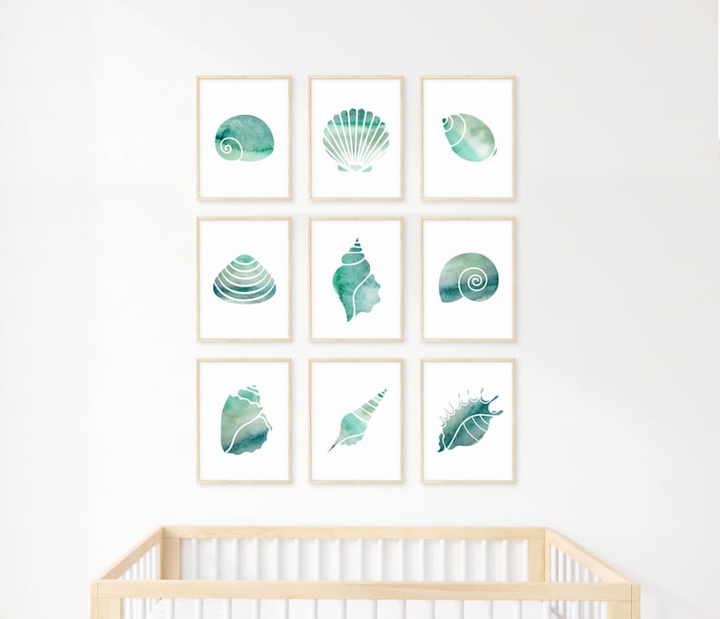 Blue Green Seashell Print Set Watercolor Coastal Gallery Wall - Etsy
