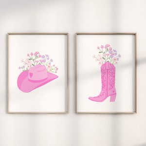 Pink Cowgirl Print Set, Modern Wildflower Western Decor, Matching Girly ...