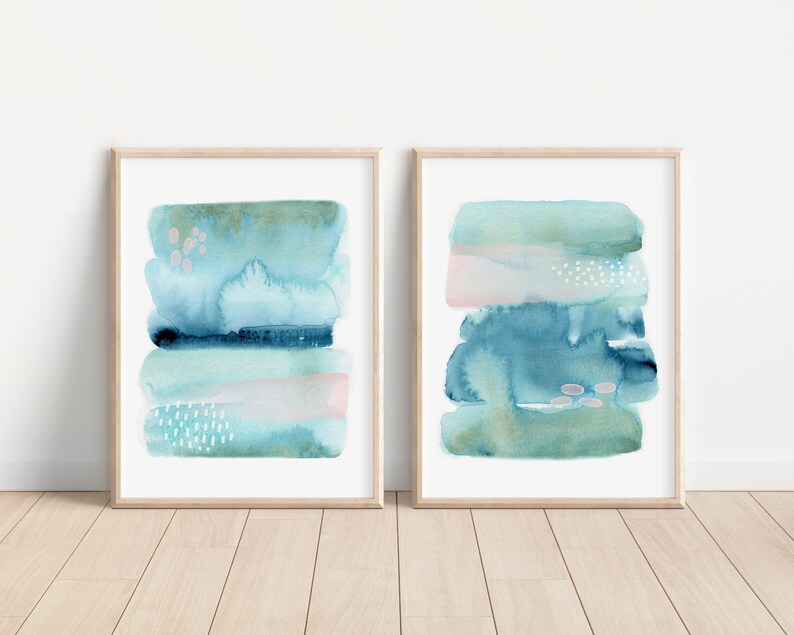 Blue Abstract Art Print Set Minimalist Modern Landscape Wall - Etsy