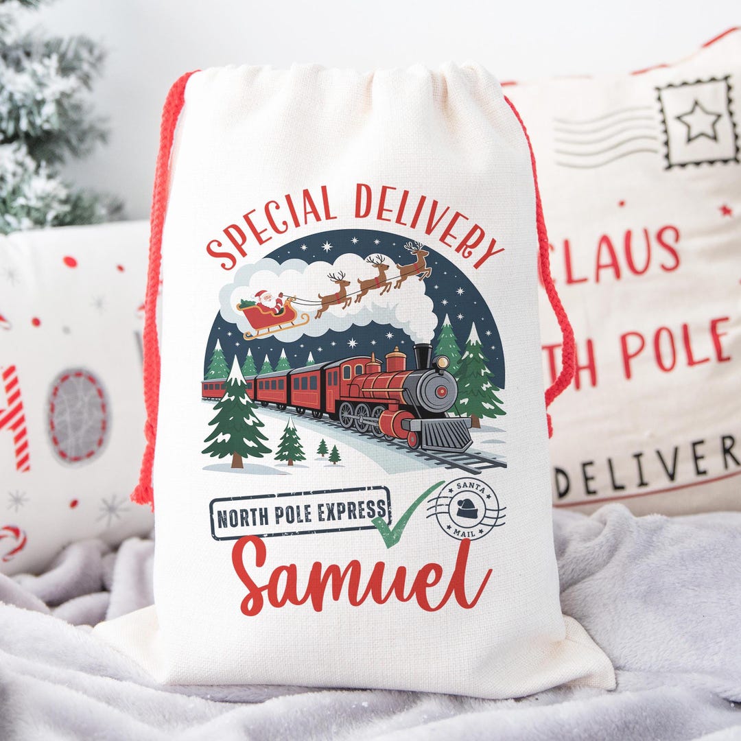 Personalized Santa Sack With Train, North Pole Express Gift Bag ...