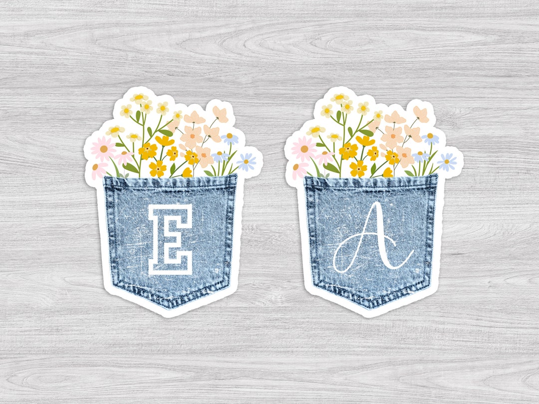 Floral Letter Sticker, Colorful Wildflower Initial Vinyl Decal, Denim ...