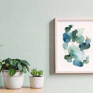 Watercolor Sea Glass Art Print, Blue Gold Abstract Wall Art, Modern ...